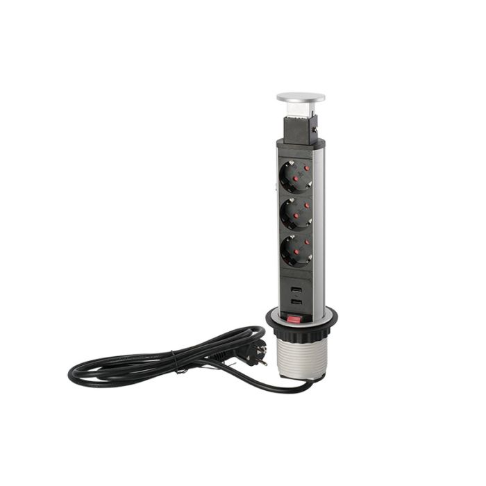 Power outlet 'PopUp' Ø 60 mm 3 x Sockets 2 x USB Silver - Thuresson